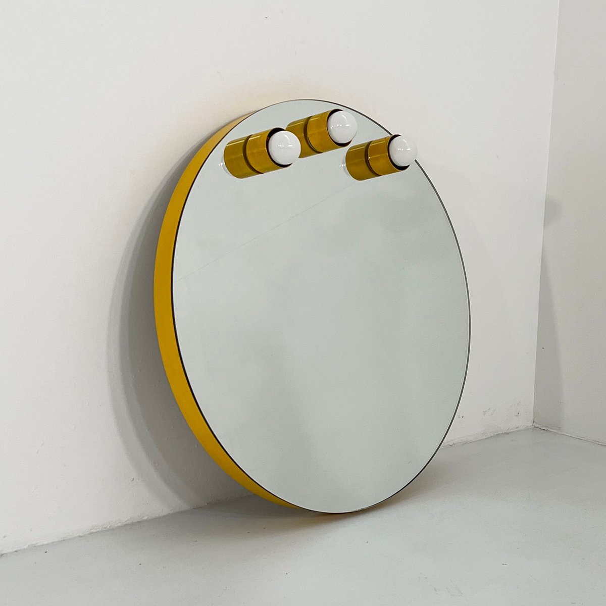 Yellow Vanity Round Mirror in Metal, 1970s for sale at Pamono