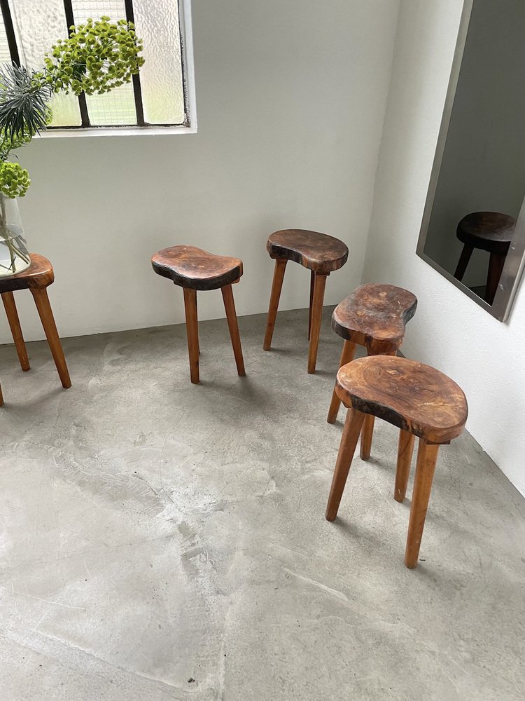 Olive Tree Tripod Stools, 1950s, Set of 5 for sale at Pamono