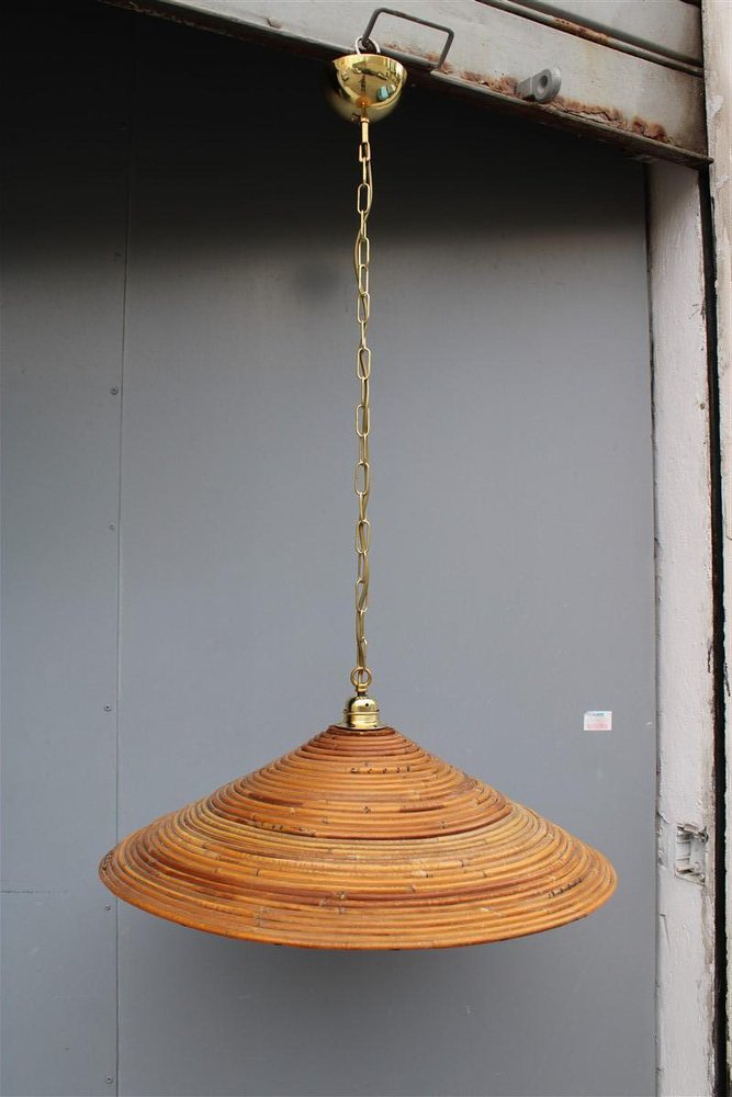Conical Ceiling Light in Baboo and Brass, Italy, 1950 for sale at Pamono