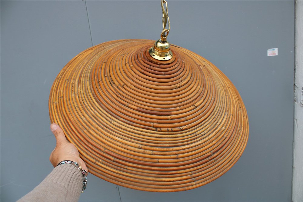 Conical Ceiling Light in Baboo and Brass, Italy, 1950 for sale at Pamono