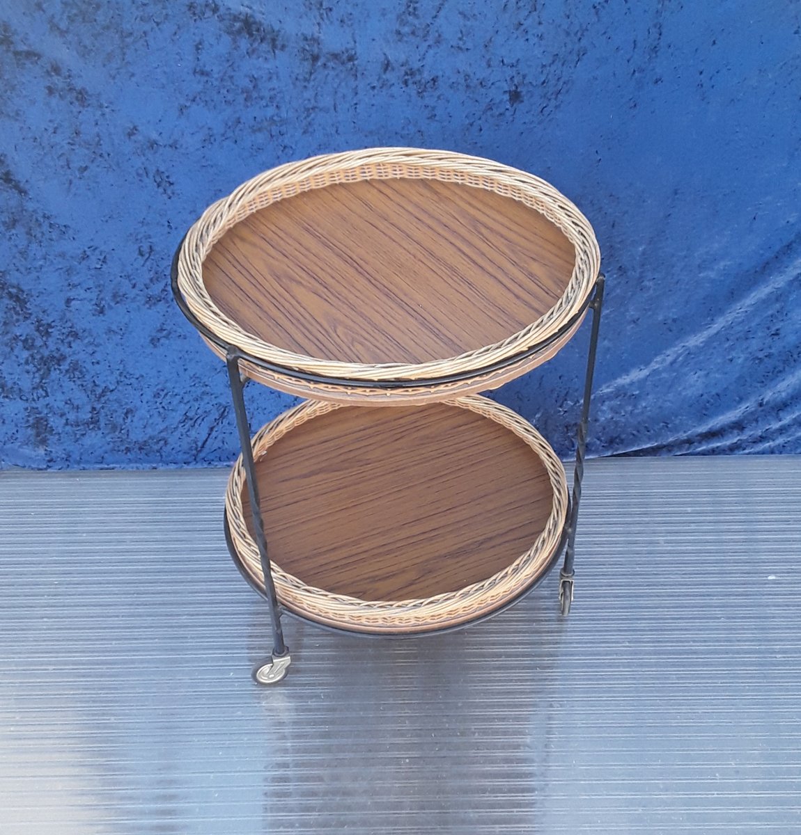 Vintage Round Side Table on Wheels with Wicker Frame, 1970s for sale at ...