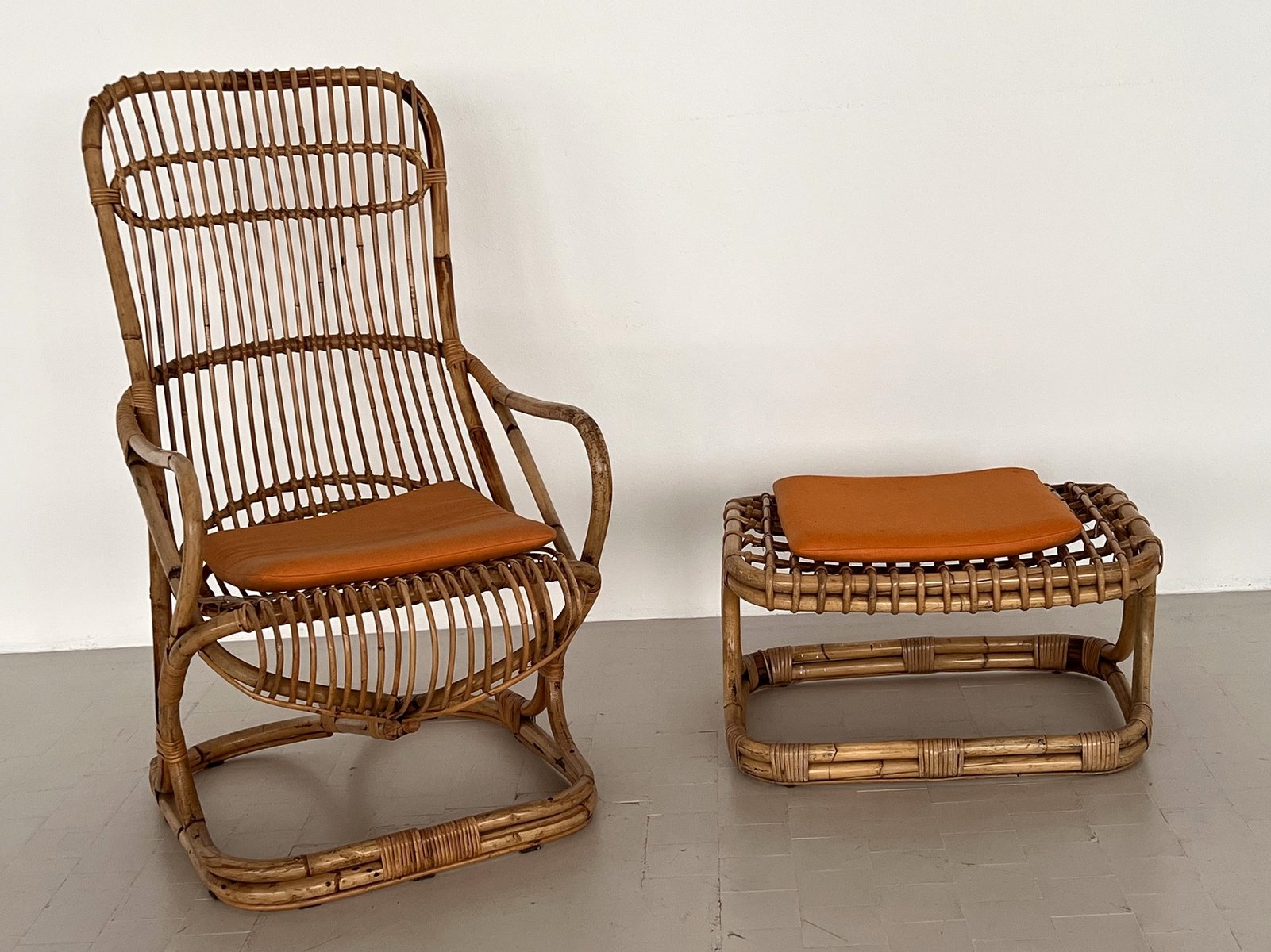 Midcentury Italian Stool in Bamboo Rattan by Tito Agnoli, 1960s for ...
