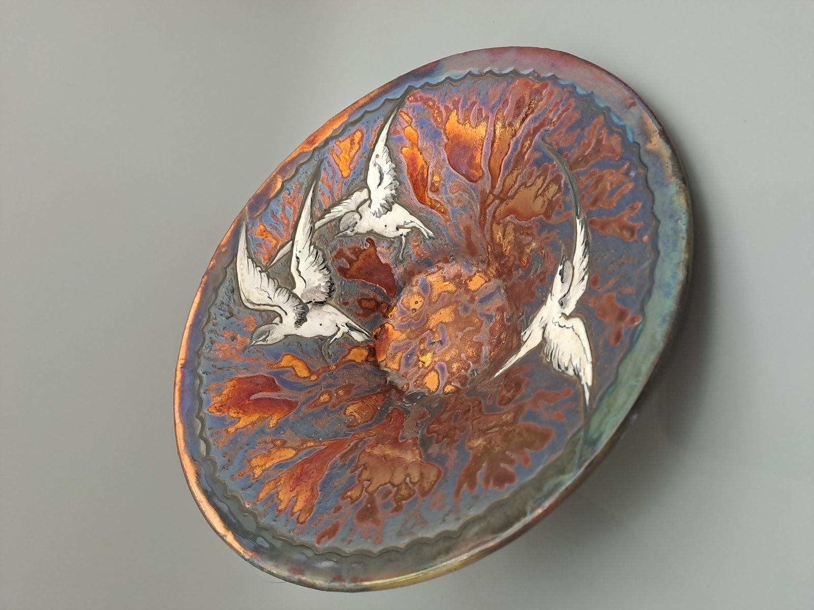 Large Art Nouveau Lustreglazed Bowl with Iridescent Enameled Seagulls ...