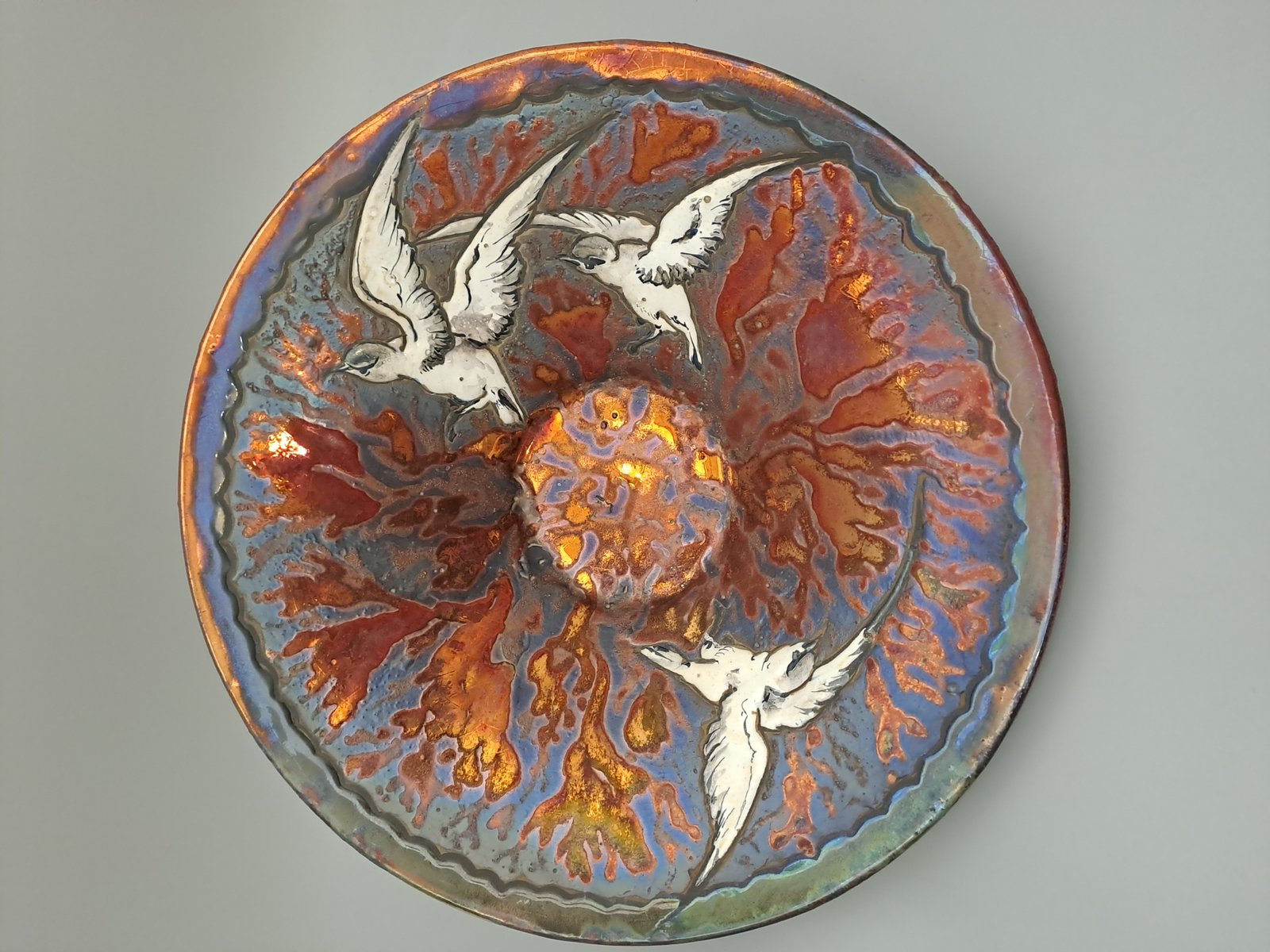 Large Art Nouveau Lustreglazed Bowl with Iridescent Enameled Seagulls ...