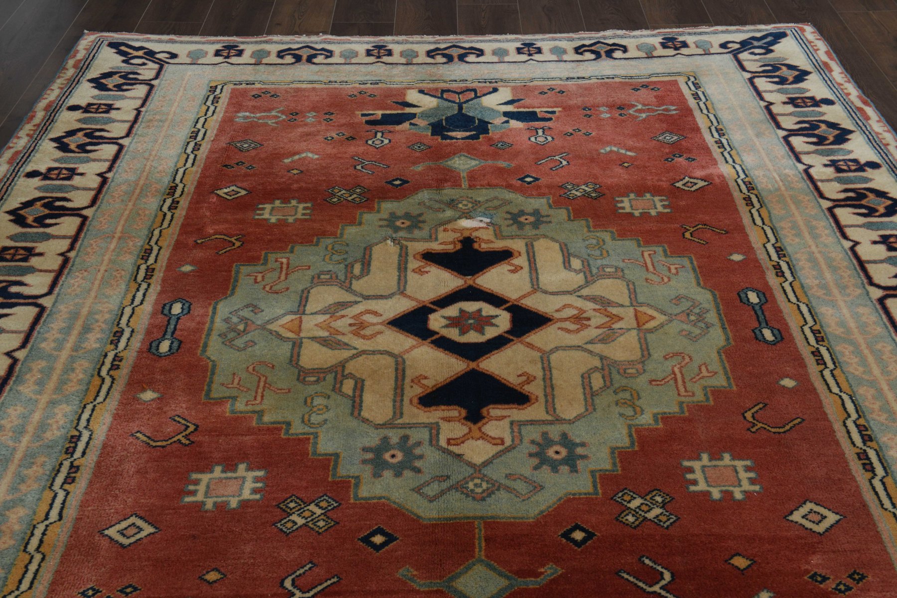 Red Special Rug, Red Green Beige Rug, 1960s for sale at Pamono