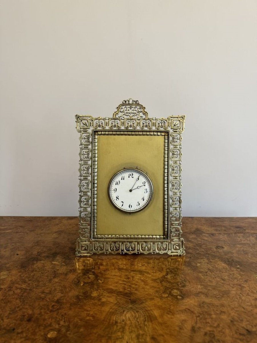 Antique Victorian Ornate Brass Desk Clock, 1880 for sale at Pamono