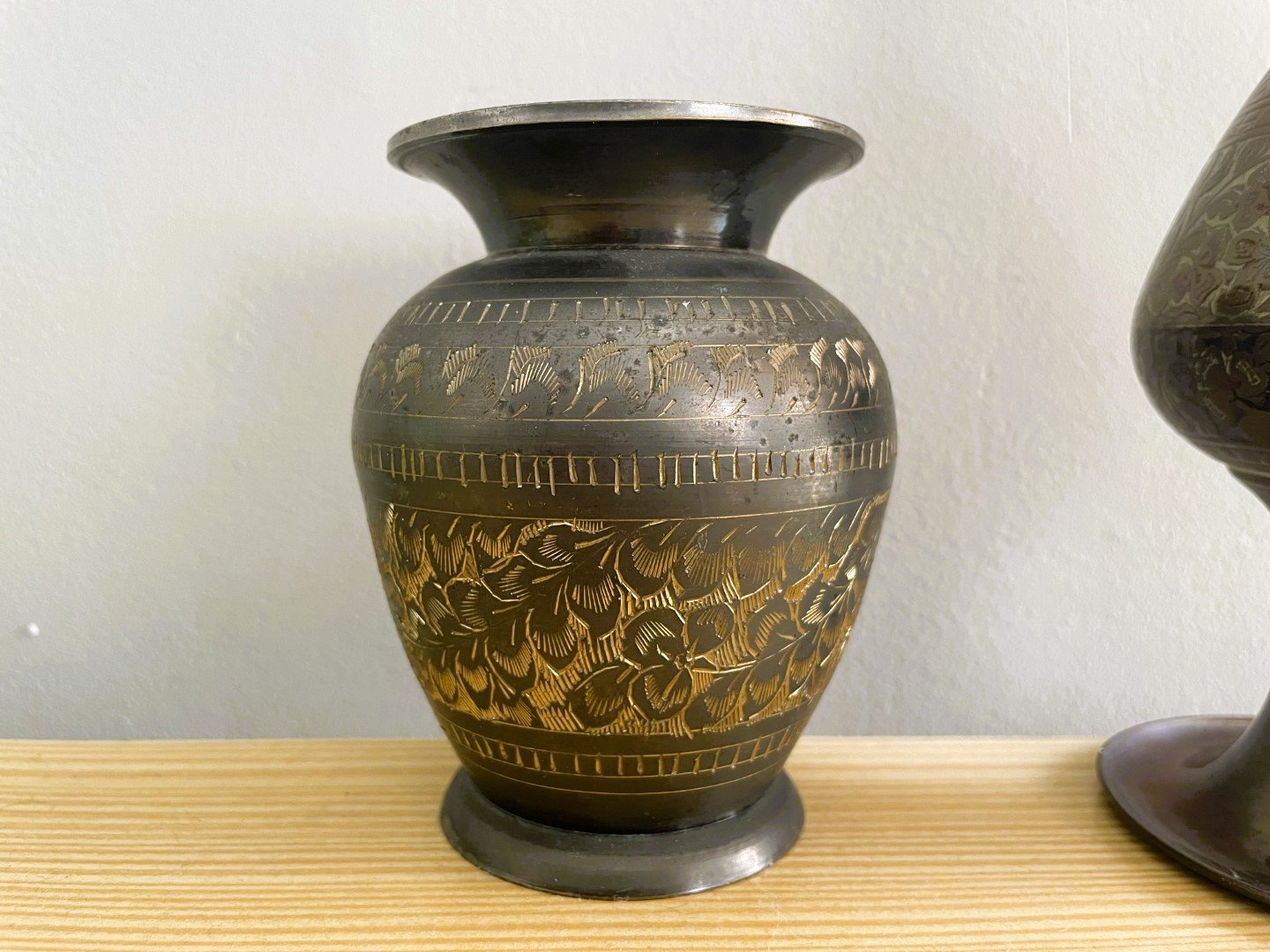 Oriental Indian Etched Brass Vessel Vases, 1990s, Set of 2 for sale at Pamono