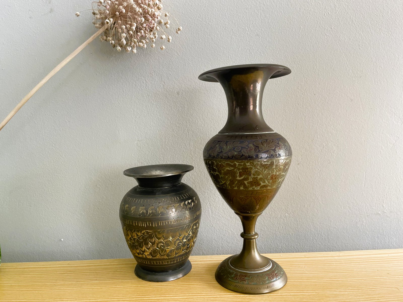 Oriental Indian Etched Brass Vessel Vases, 1990s, Set of 2 for sale at Pamono