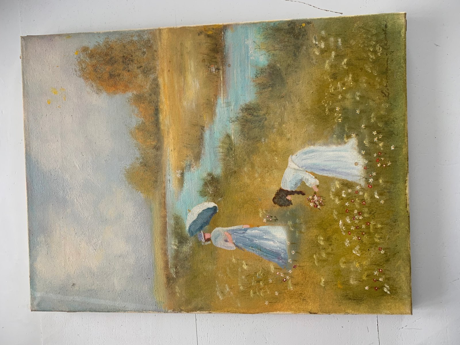 Women in the Meadow Collecting Flowers, 1800s, Oil on Canvas for sale ...