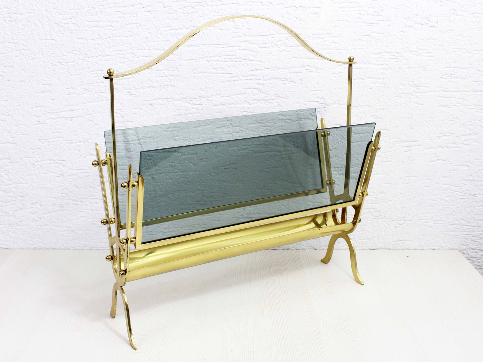 Glass and Brass Magazine Rack, 1960s for sale at Pamono