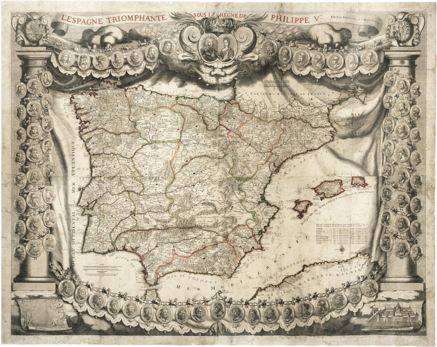 Antique Map of Spain Triumphant Under the Reign of Philip V by Nicolas ...