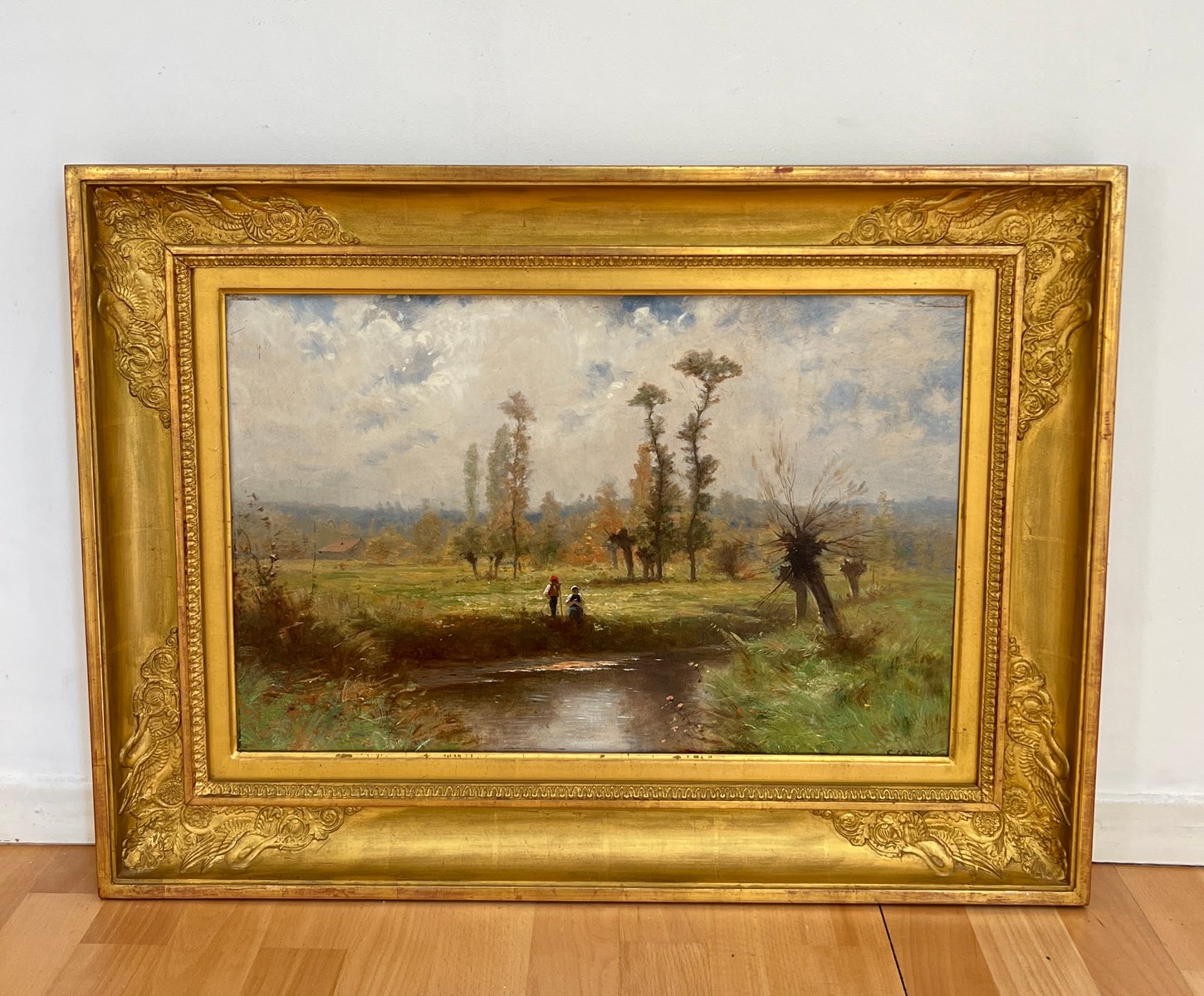 Gustave Eugène Castan, Personnages au bord de l'étang, Oil on Wood ...