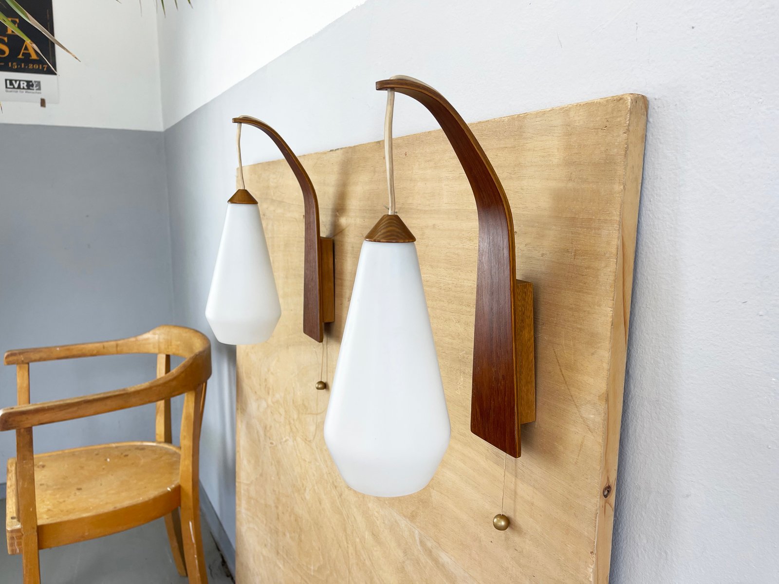 Danish Teak Wall Lights in White Opaline Glass, 1960s, Set of 2 for ...