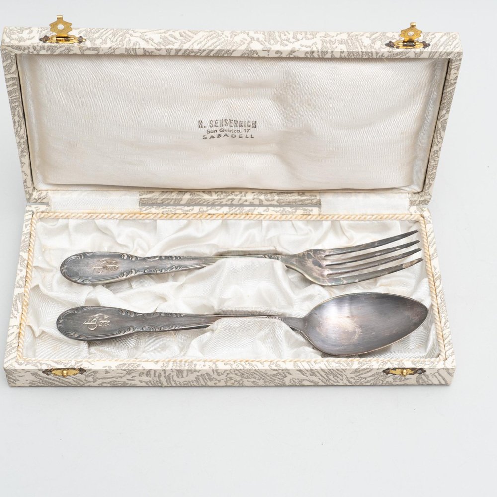 Traditionelle Silberne Gabel und Löffel in Box, 1950 bei Pamono kaufen