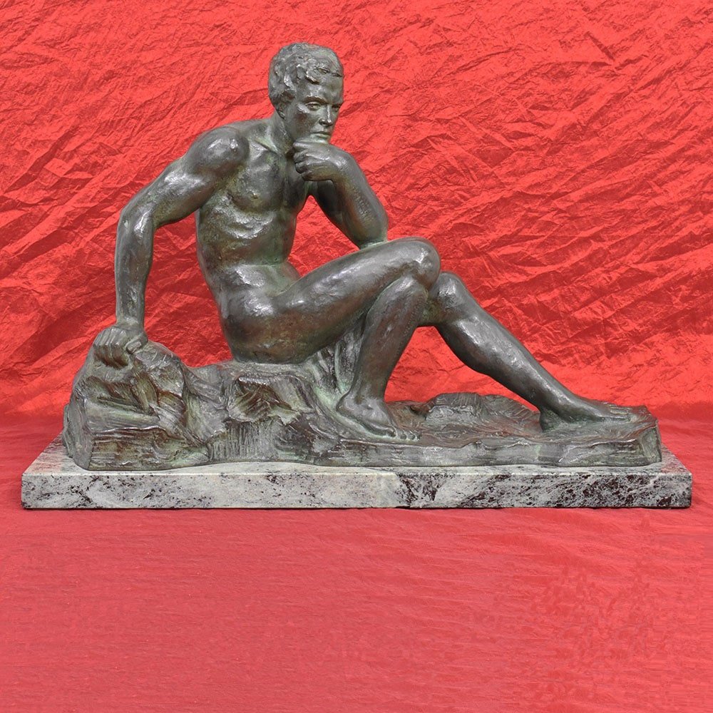 Art Deco Male Figure of Seated Man, 20th Century, Bronze for sale at Pamono