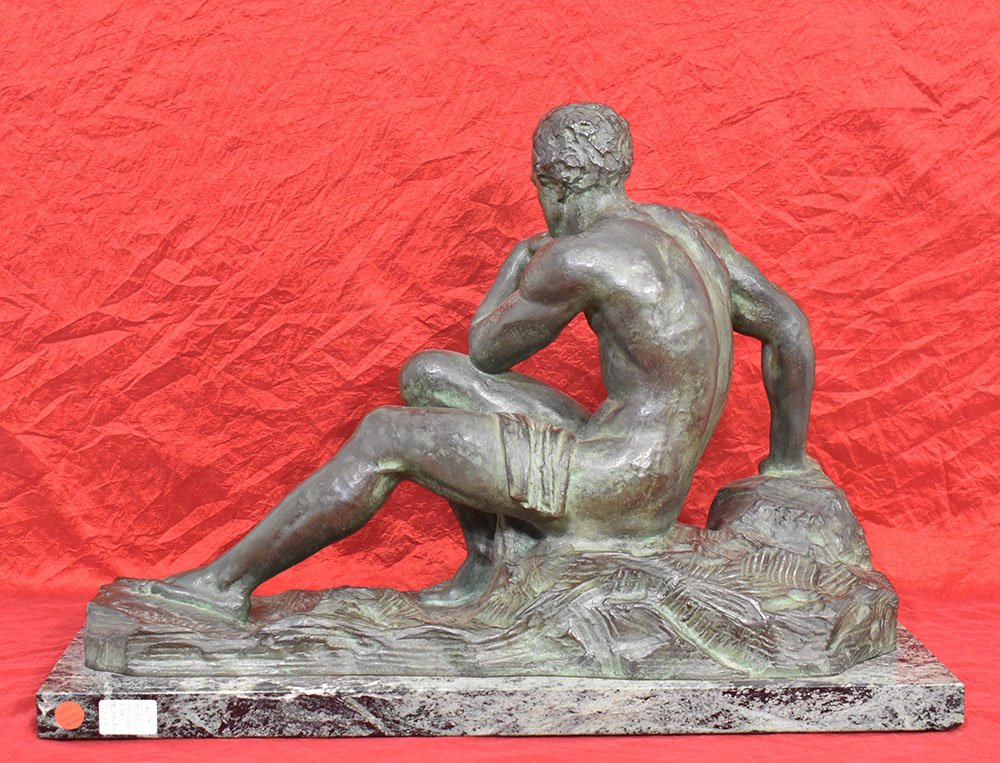 Art Deco Male Figure of Seated Man, 20th Century, Bronze for sale at Pamono