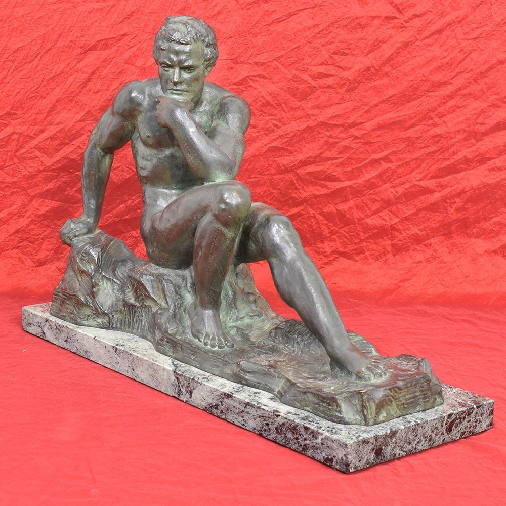Art Deco Male Figure of Seated Man, 20th Century, Bronze for sale at Pamono
