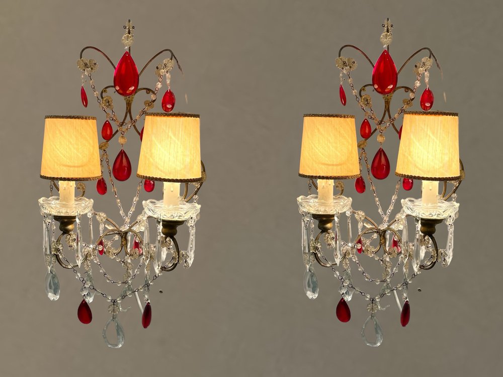 Ruby Red Crystal Beaded Sconces, 1940s, Set of 2 for sale at Pamono