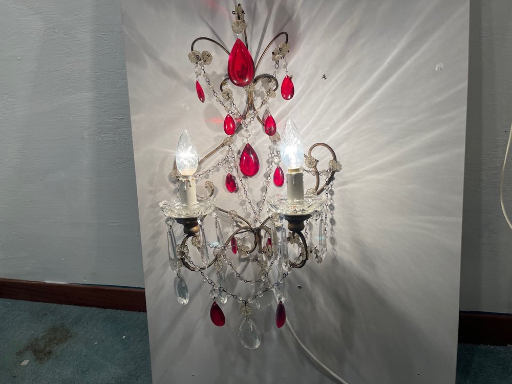 Ruby Red Crystal Beaded Sconces, 1940s, Set of 2 for sale at Pamono