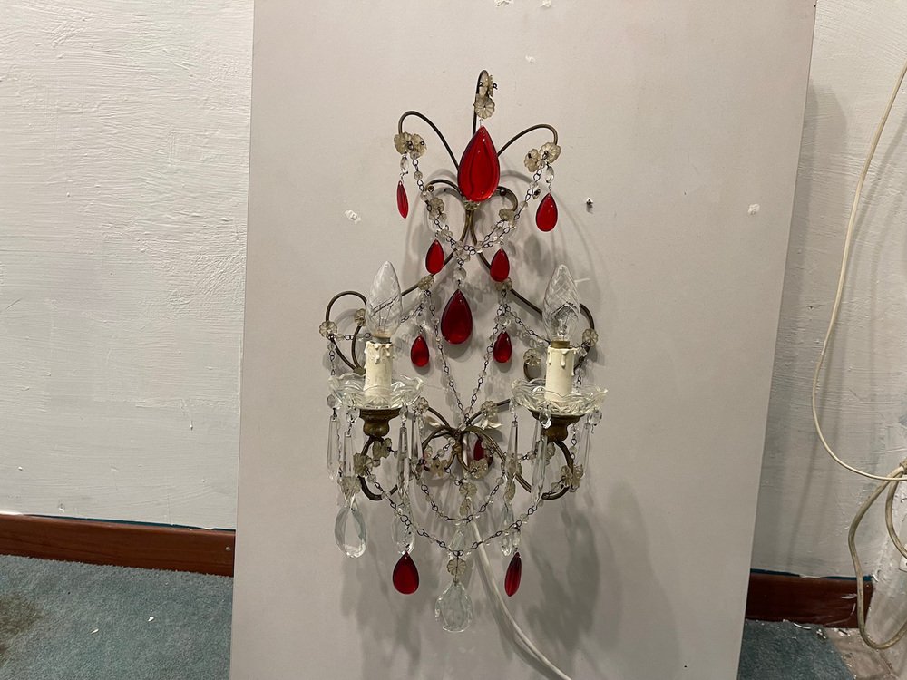 Ruby Red Crystal Beaded Sconces, 1940s, Set of 2 for sale at Pamono