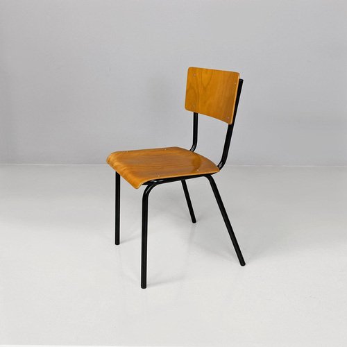 Mid-Century Italian Modern Beech Wood and Black Metal School Chair ...
