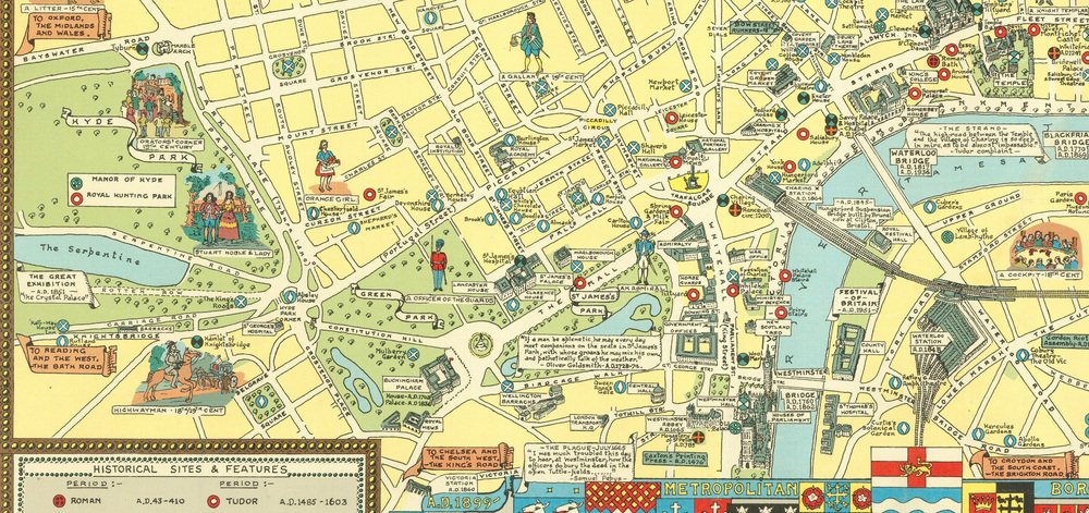 Colourful Map of the History of London, 1970s for sale at Pamono