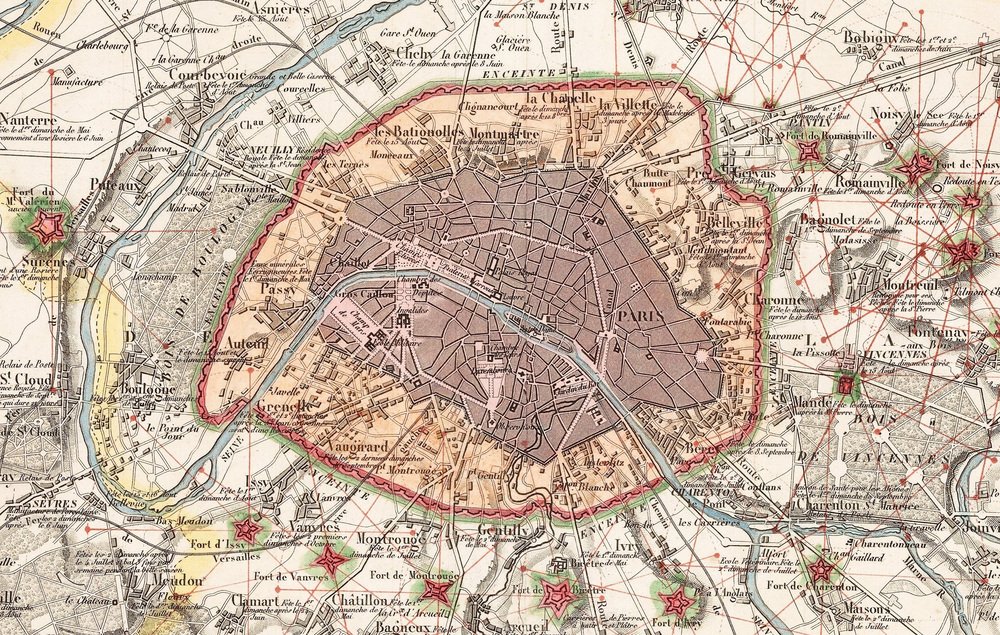 Paris and Surrounding Areas Map, Mid 19th Century for sale at Pamono
