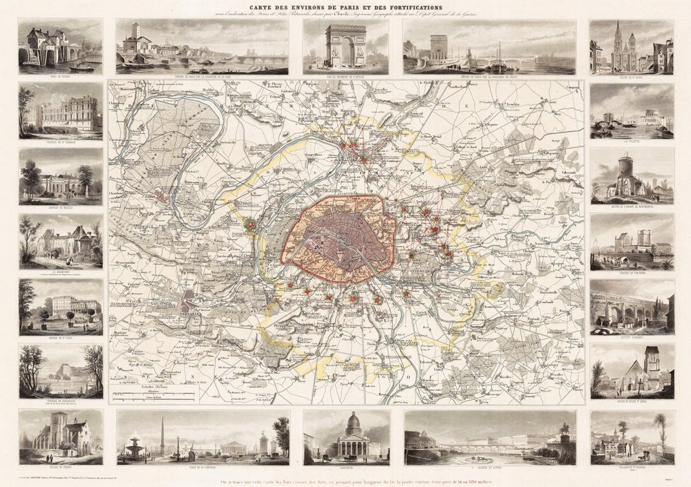Paris and Surrounding Areas Map, Mid 19th Century for sale at Pamono