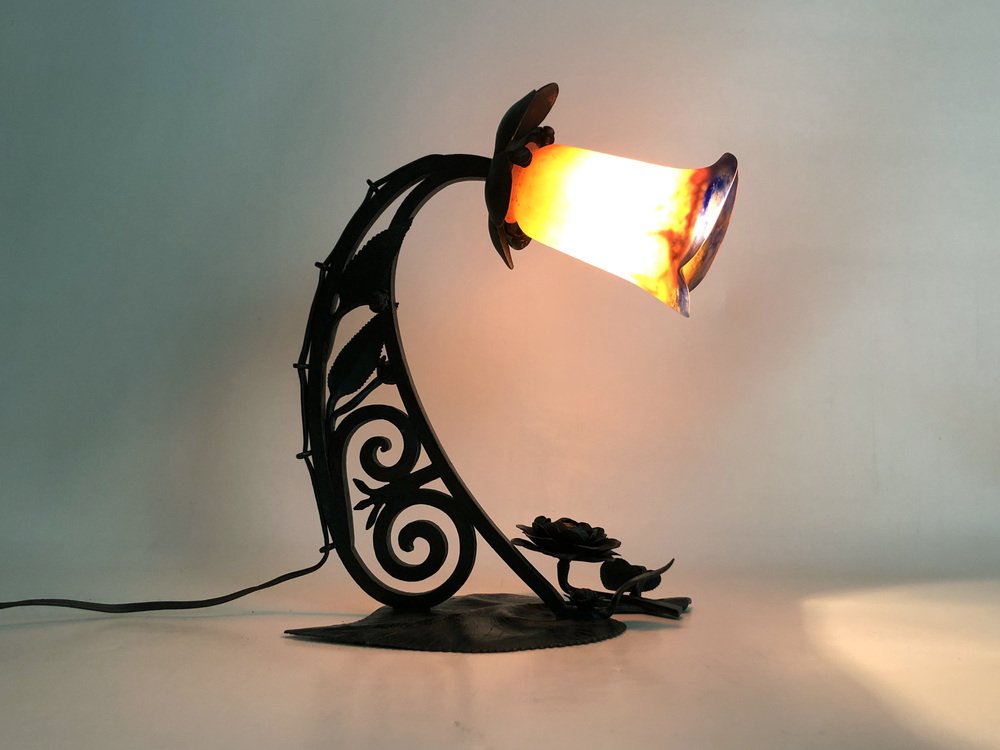 Art Deco Tulip Lamp Noverdy with Black Wrought Iron Base, 1930s for ...