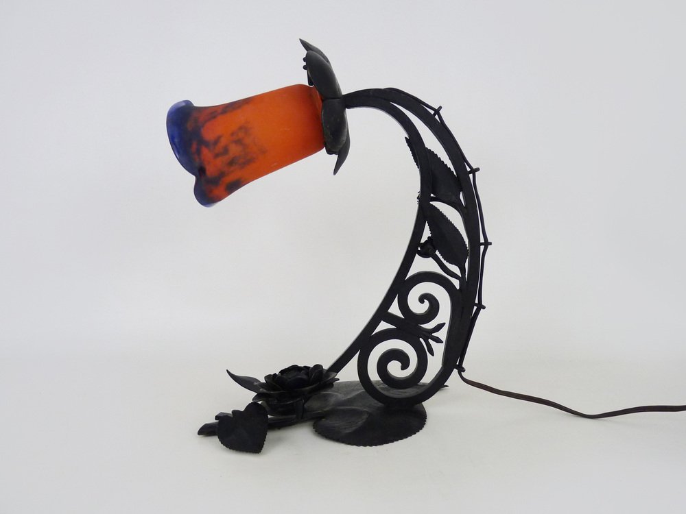 Art Deco Tulip Lamp Noverdy with Black Wrought Iron Base, 1930s for ...