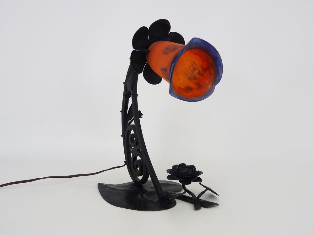 Art Deco Tulip Lamp Noverdy with Black Wrought Iron Base, 1930s for ...