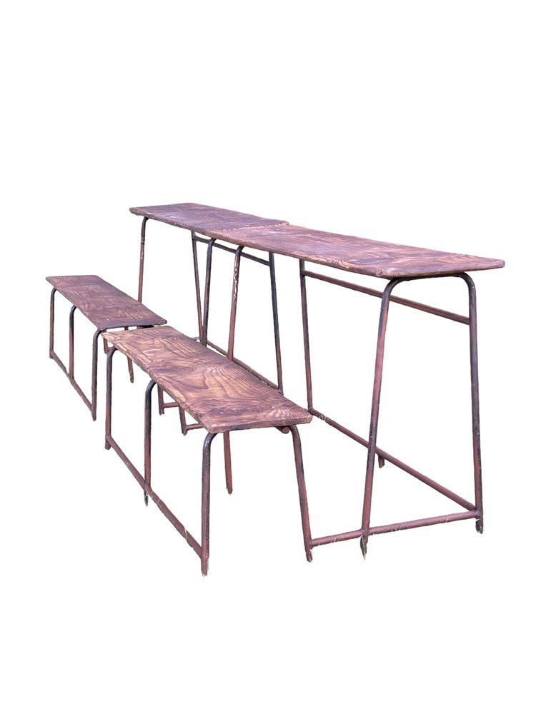 Mid-Century Garden Tables with Bench in Iron and Pine Wood, Set of 2 ...