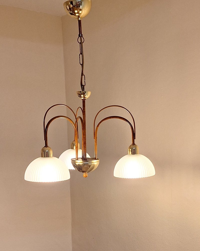 Vintage German Ceiling Lamp with Brass Frame and Three Matt Glass ...
