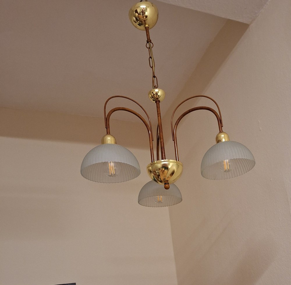 Vintage German Ceiling Lamp with Brass Frame and Three Matt Glass ...