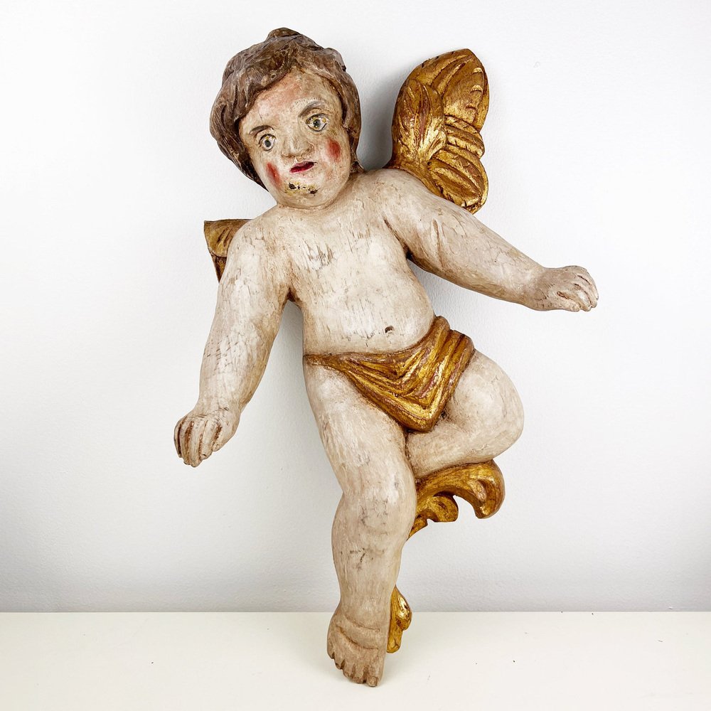 Ángel barroco italiano antiguo grande de madera tallada en venta en Pamono