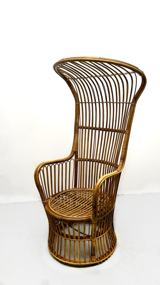 Italian High Back Rattan Woven Armchair, 1950s for sale at Pamono