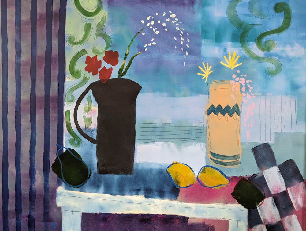 Flowers & Checkers, Oil Painting, 1950s, Framed for sale at Pamono