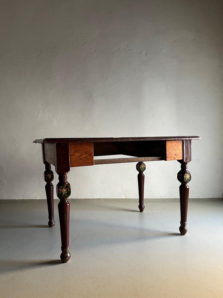 Rustic Hand-Painted Carved Dining Table, Belgium for sale at Pamono