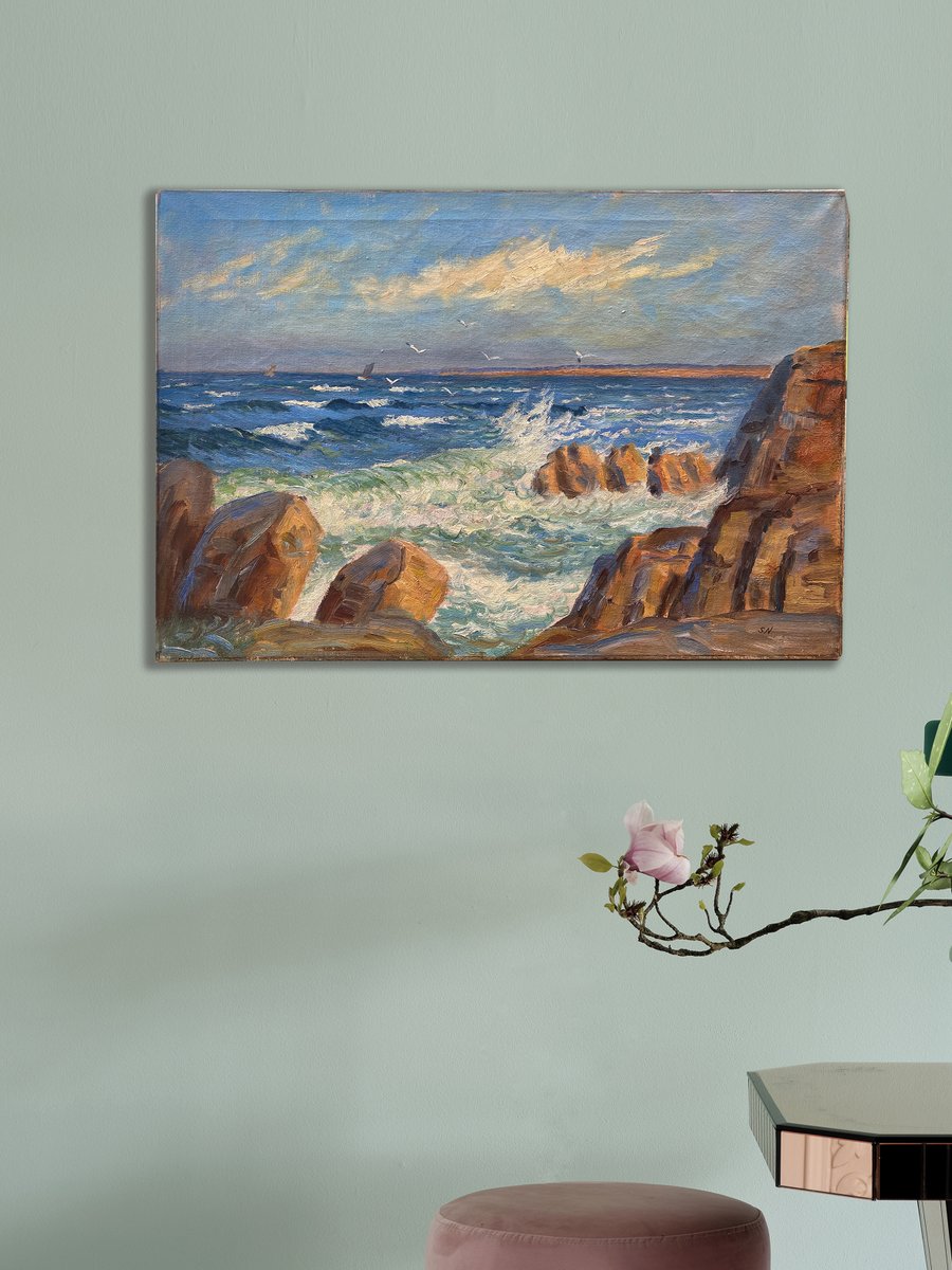 Danish School Artist, Stormy Seas and Crashing Waves, 1950s-1960s, Oil ...