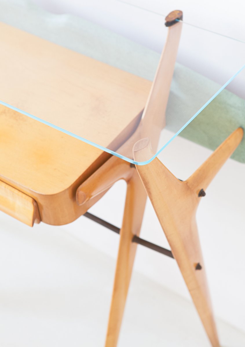 Italian Maple Console Table with Glass Top, 1950s for sale at Pamono