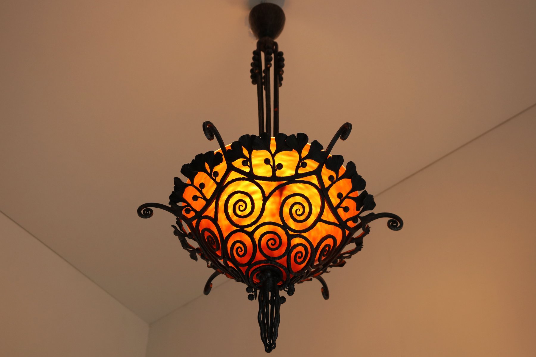Art Deco French Glass & Wrought Iron Chandelier by Edgar Brandt & Daum ...