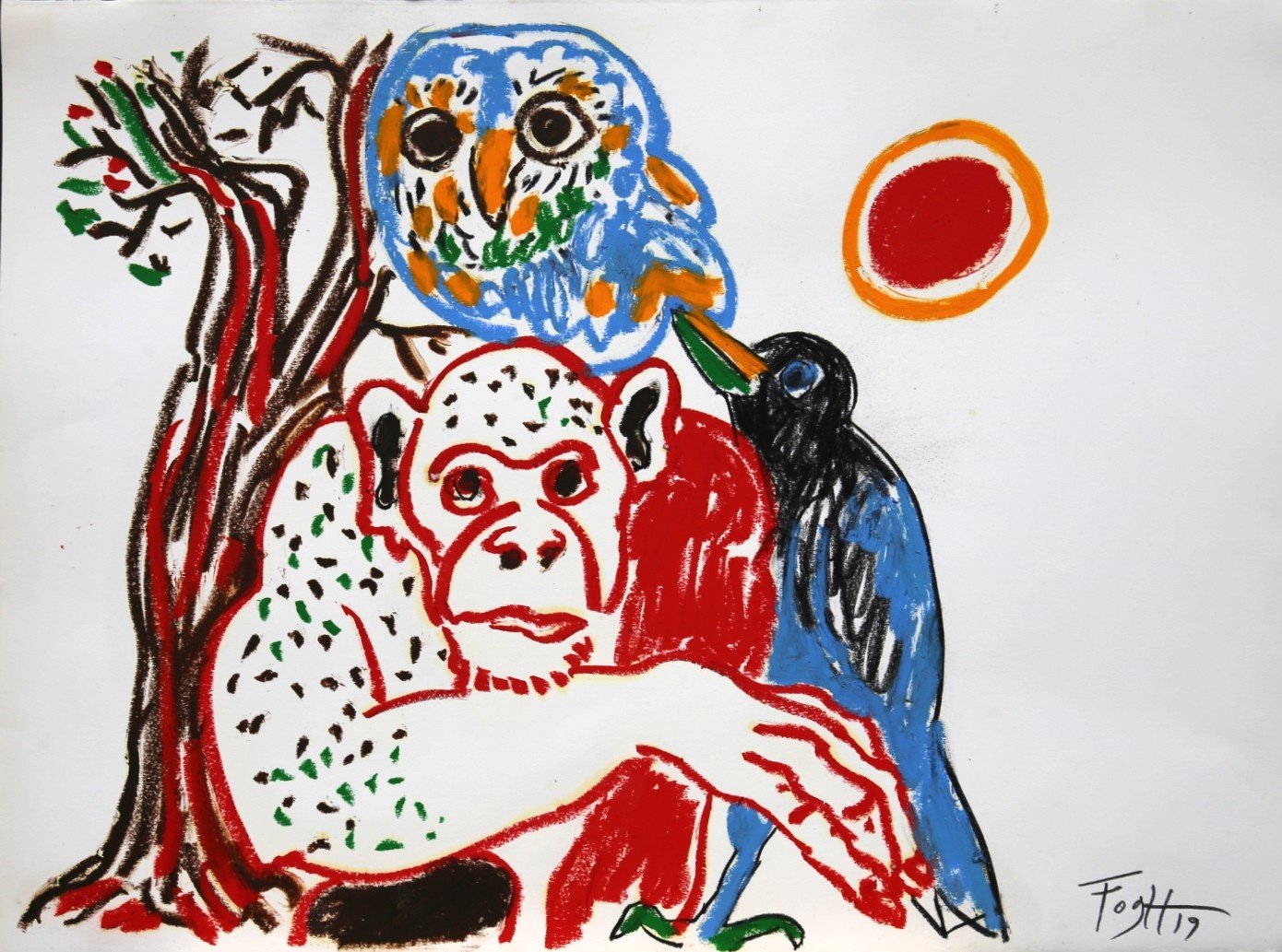 Andrzej Fogtt, Monkey, Tiger and Raven, Pastel, 2019 for sale at Pamono