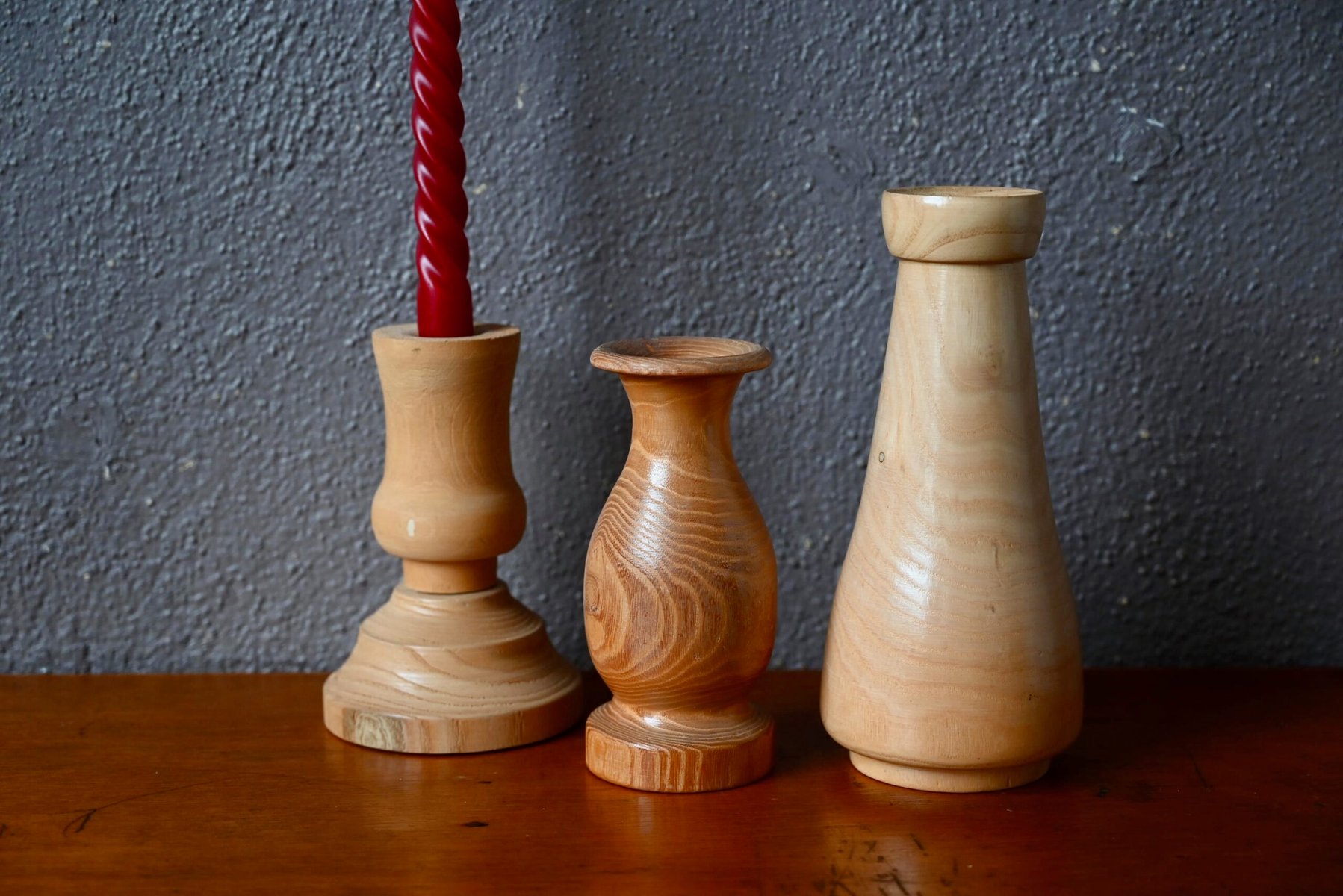 Bohemian Vases and Candlesticks in Turned Wood , 1970s, Set of 3 for sale at Pamono