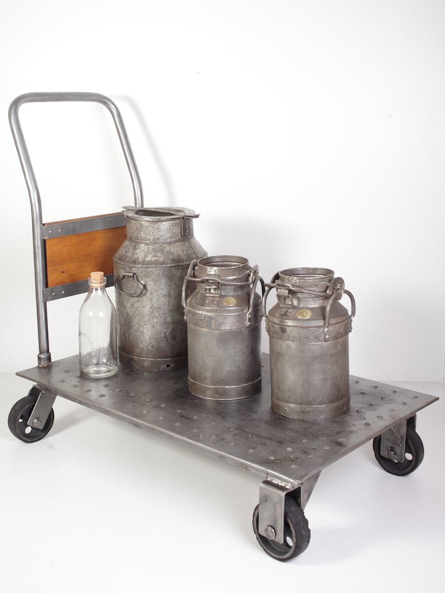 Industrial Cart Trolley and Iron Milk Jugs, Czechoslovakian, 1950s, Set ...