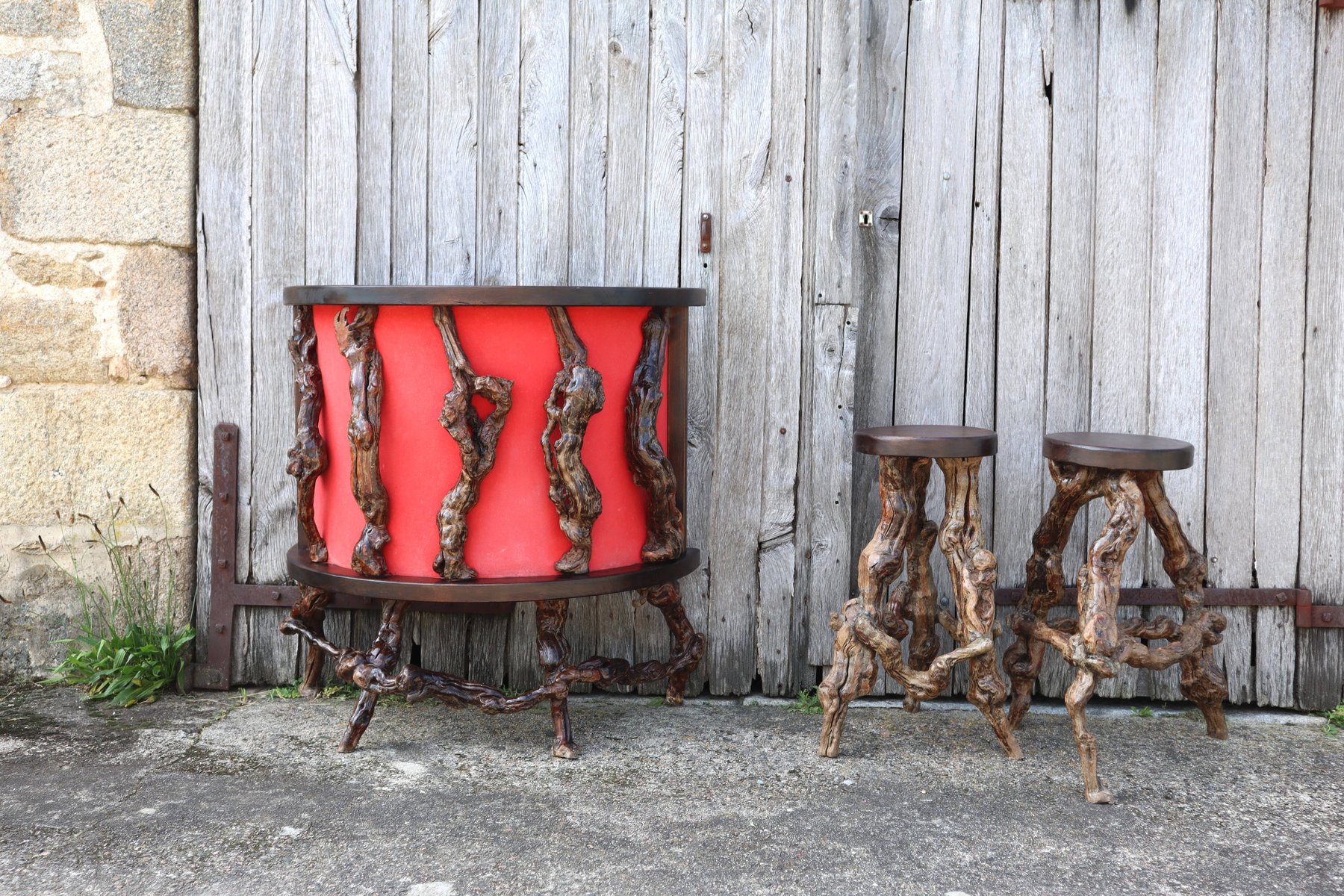 Vintage French Vine Wood Branch Bar Ensemble with 2 Bar Stools and a ...