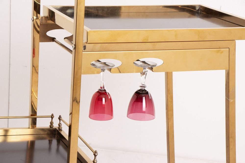 Vintage Black Glass & Gold Tone Cocktail Trolley, 1980s for sale at Pamono