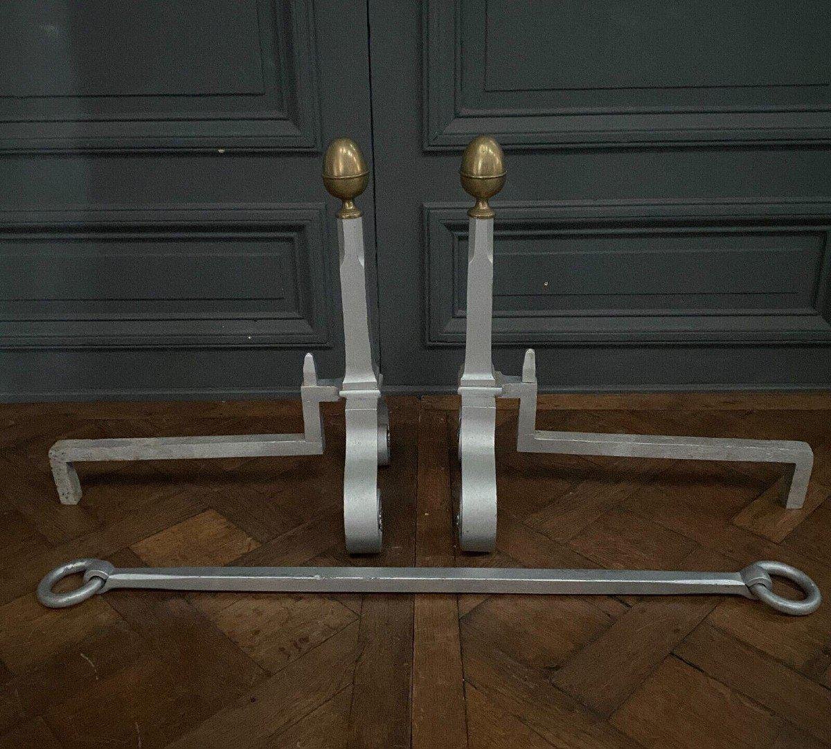 Grey Metal Andirons with Copper Bars, Set of 2 for sale at Pamono