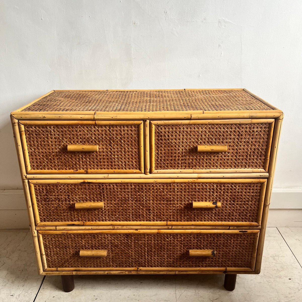 Mid-Century Bamboo and Rattan Cane Chest of Drawers for sale at Pamono