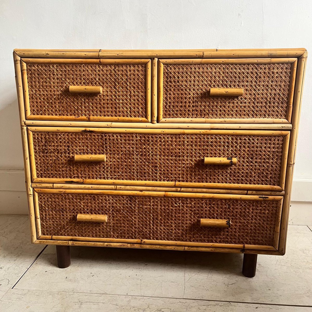 Mid-Century Bamboo and Rattan Cane Chest of Drawers for sale at Pamono