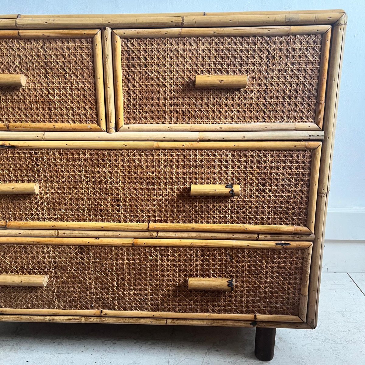 Mid-Century Bamboo and Rattan Cane Chest of Drawers for sale at Pamono